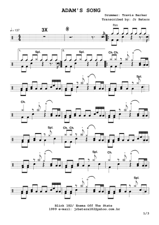 Blink 182 - Adam´s Song - Sheet Music For Drums